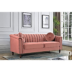Container Direct 75'' Mid-Century Modern Velvet Sofa Chesterfield Inspired Luxury 3 Seater Couch for Living Room with Removable Cushions and Turned Wood Legs, Rose