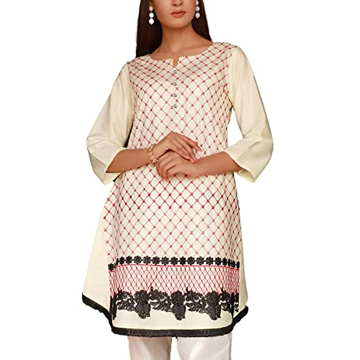 IshDeena Indian Kurtis for Women Chikankari Kurta Tunic Tops Indian Pakistani Style Embroidered Cotton Womens Summer Shirts (Small, White)