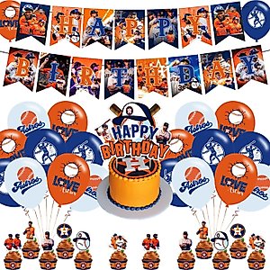 Astros Baseball Party Decorations,Birthday Party Supplies For Baseball Team Party Supplies Includes Banner - Cake Topper - 12 Cupcake Toppers - 18 Balloons