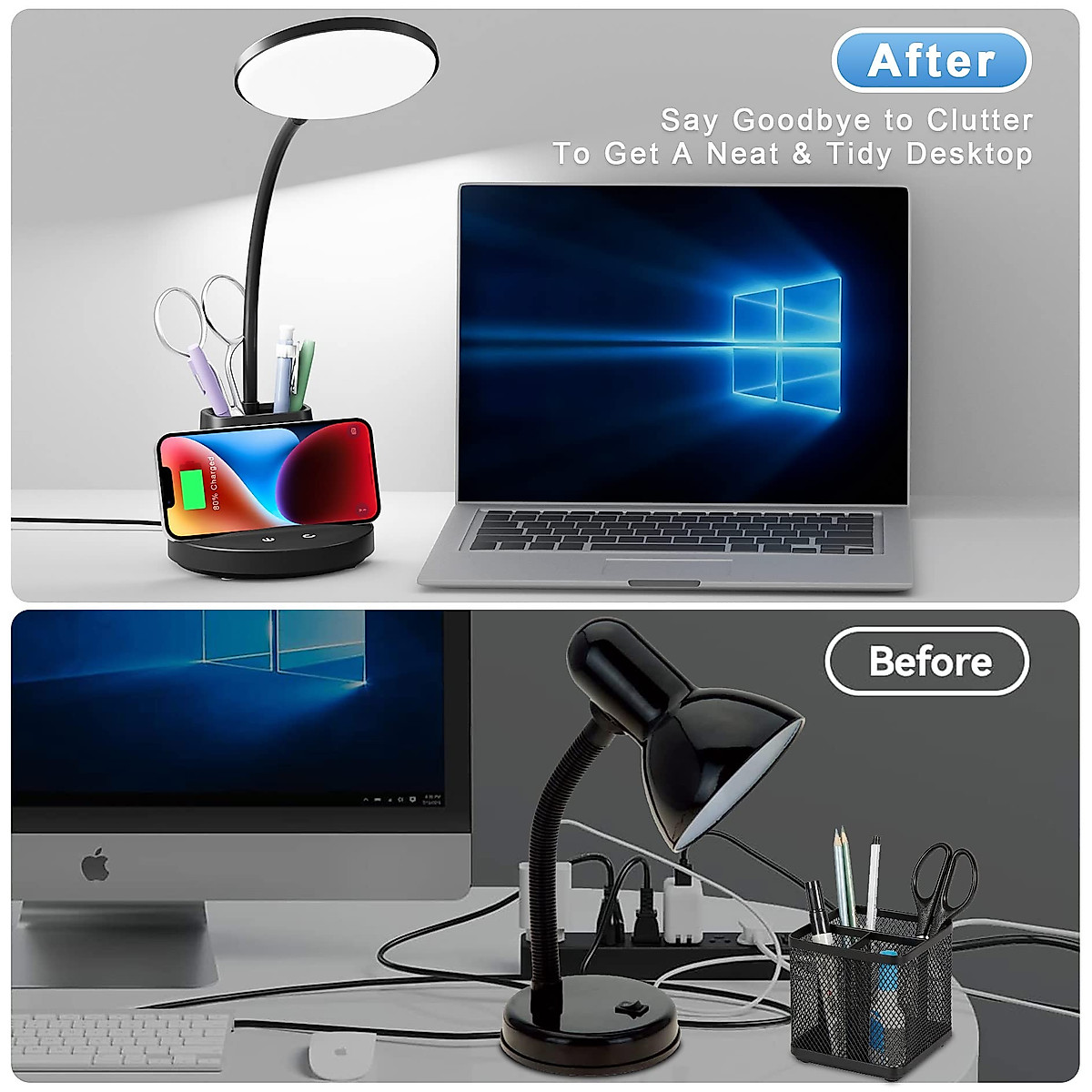 Sailstar Desk Lamp, Desk Lamps for Home Office with Wireless Charger & Pen Holder, 800 Lumens Gooseneck 3 Modes Dimmable Touch Circular LED Desk Light, Small Desk Lamp for College Dorm Room, Black