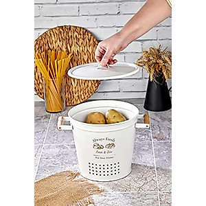 Potato Onion Kitchen Metal Storage Containers, Potatoes Onion Bin Caddy, Storage Jars with Aerating Tin Storage Holes and Metal Lid (White)