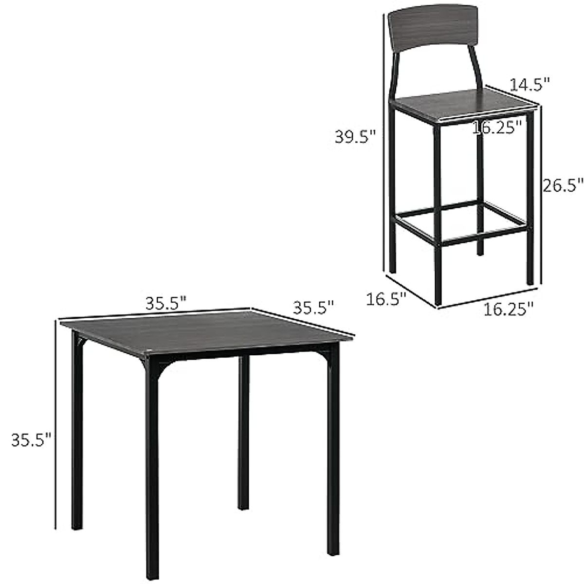 HOMCOM Counter Height Bar Table Set for 4, Square Kitchen Table and Chairs Set with Footrest, Metal Legs, Industrial Dinner Table Set for 4, Gray