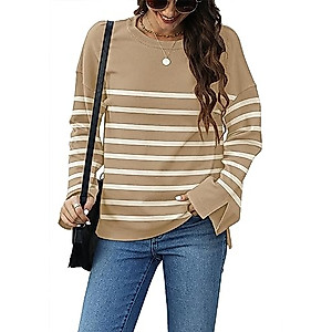 Disamer Women's 2025 Casual Oversized Sweaters Fall Clothes Trendy Long Sleeve Crew Neck Pullover Tunic Tops,Stripe Khaki,Large