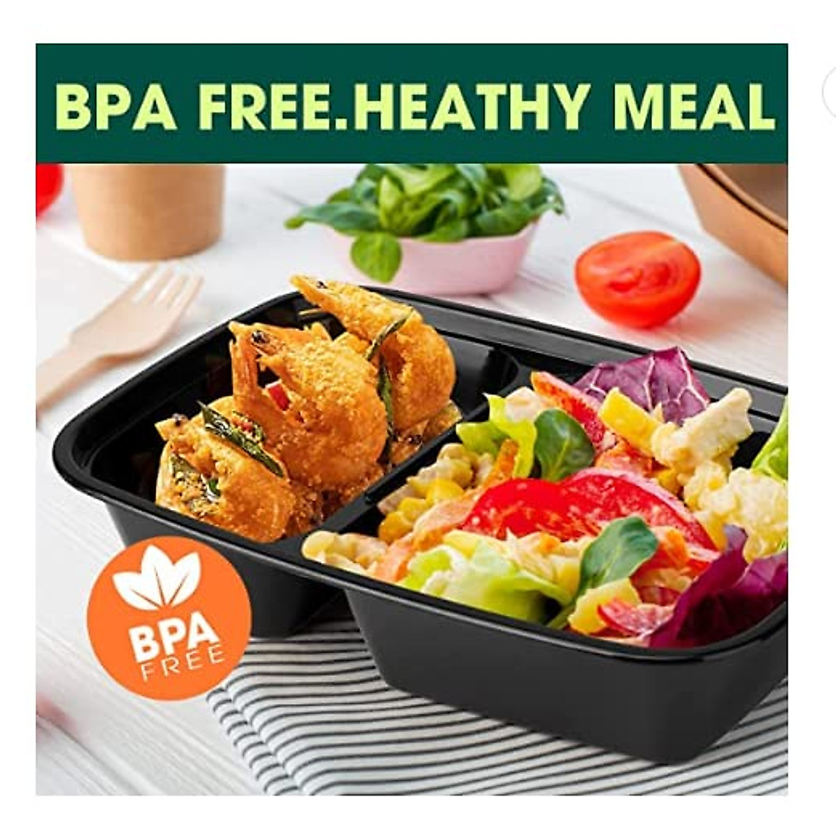 Meal Prep Container with Lids, 50 Pack Divided Food Storage Containers Microwave Safe 2 Compartment Disposable Bento Box Reusable To-go Container Plastic Bento Lunch Box (33 oz)