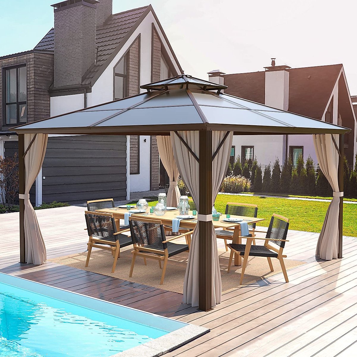 EROMMY 12' x 12' Gazebo Polycarbonate Double Roof Canopy Outdoor Aluminum Frame Pergola, Permanent Pavilion with Netting and Curtains for Garden Patio Lawns Parties