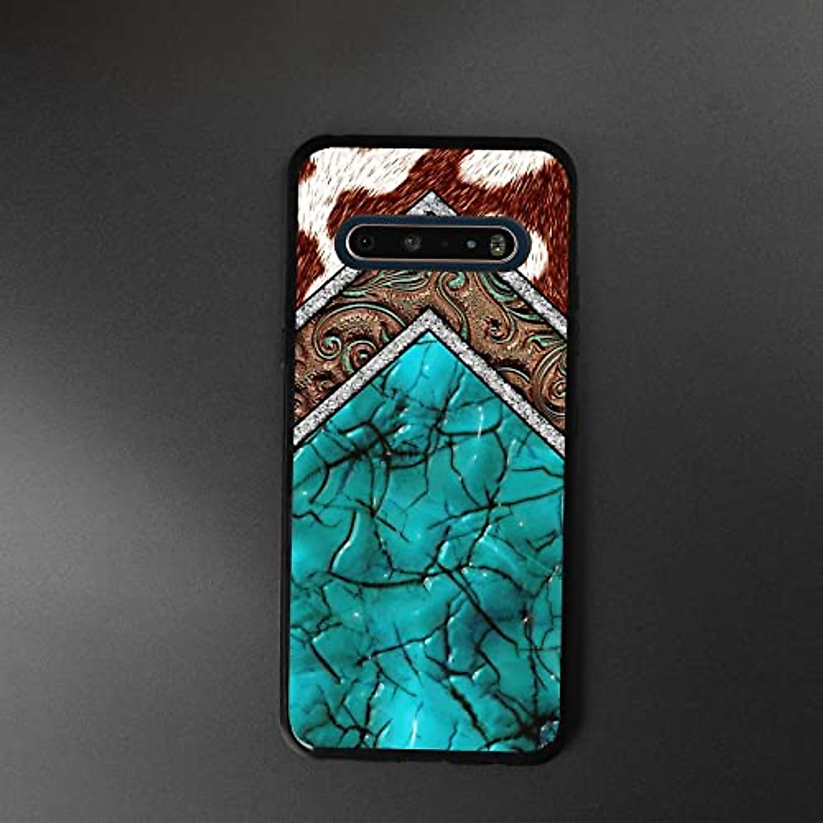 pambea limber Compatible with LG V60 ThinQ 5G Case, Western Cowhide Turquoise and Brown Animal Print Graphic Design for LG Case Men Women,Soft Silicone Trendy Case for LG