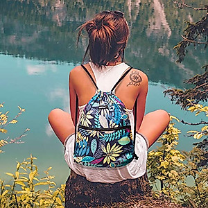 WANDF Drawstring Backpack String Bag Sackpack Cinch Water Resistant Nylon for Gym Shopping Sport Yoga (Blue Leaf.)