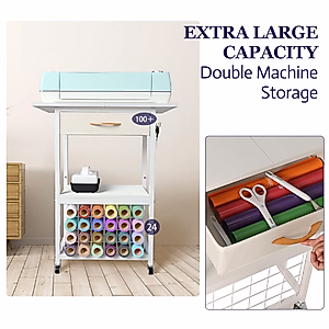 CRUDATE Organizers and Storage Compatible with Cricut Machines, Rolling Craft Storage Cart with Drawer, Craft Table with Vinyl Roll Holders, Crafting Table Organization Workstation with Wheels, White
