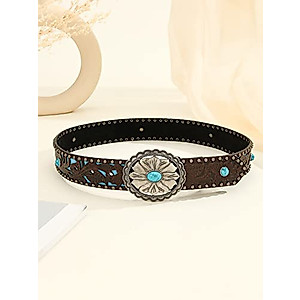 Verdusa Women's Vintage Western Leather Buckle Belt Coffee Turquoise 100