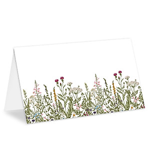 JarThenaAMCS 100Pcs Vintage Wildflower Place Cards 2 x 3.5 Inch Green Wild Floral Tented Cards Blank Table Name Sign for Party Reception Table Setting
