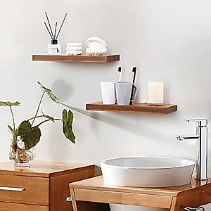 Fun Memories Floating Shelves 16 Inch Long Wall Mounted, Rustic Farmhouse Wooden Wall Shelf Set of 2, Solid Acacia Wood Floating Shelf for Bathroom, Kitchen, Living Room