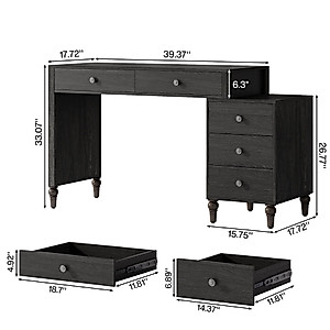 Tribesigns Computer Desk with 5 Drawers, Wood Home Office Desk with Reversible File Drawers and Printer Stand, Ash Black Writing Desk, Study Table Workstation for Small Spaces