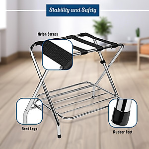 USTECH Luggage Rack-Double Tier, Chrome, Self Asssembly, Foldable Rack for Guest Room