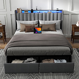 Anyhave Queen Bed Frame with 2 Storage Drawers and Luxury Wingback Upholstered Button Tufted Storage Headboard,Charging Station,Storage Headboard & LED Lights,Remote Control/Noise-Free-Dark Gray