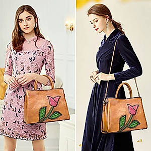 CHERISH KISS Soft Genuine Leather Satchel Bags for Women Purses and Handbags Vintage Embossed Floral Shoulder Bag(K7 Brown)