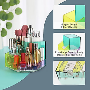 Auyeetek Clear Makeup Organizer Divided Premium Lazy Susan Organizer - High-End Acrylic Construction, 360° Rotation Perfume Lipstick Lotion Skincare Brush Holder Organizers Tray Hexagonal 7.87 in