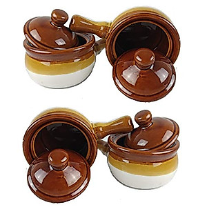 Individual French Onion Soup Crock Chili Bowls with Handles and Lids, Ceramic 16 Ounces 4 Pack