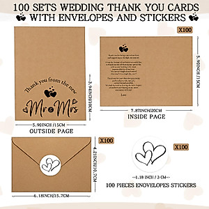 Spakon 100 Sets Wedding Thank You Cards with Envelopes and Stickers Wedding Themed Kraft Paper Thank You Card with Message Inside Mr and Mrs Thank You Notes for Bridal Shower Anniversary Guests