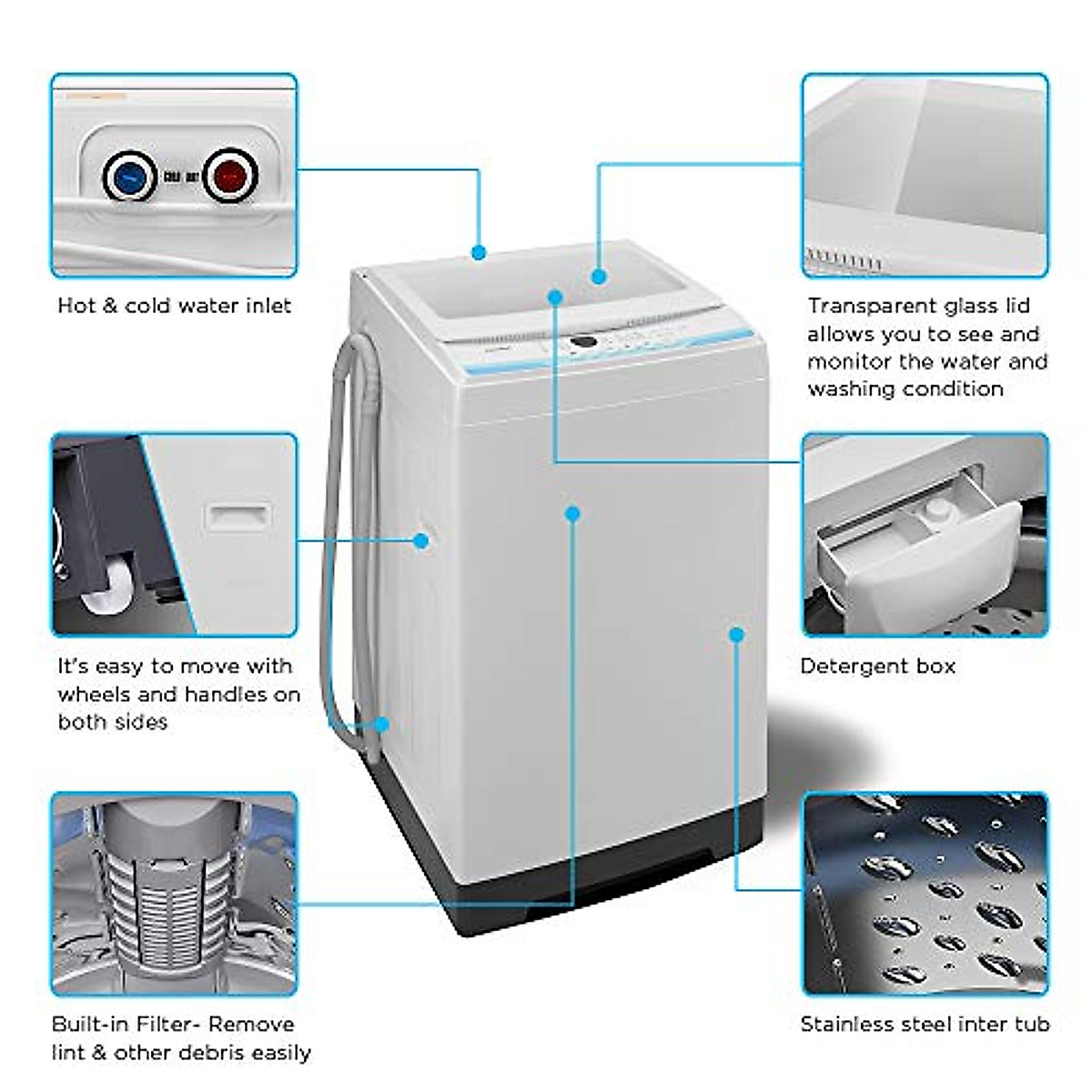 COMFEE’ Washing Machine 2.0 Cu.ft LED Portable Washing Machine and Washer Lavadora Portátil Compact Laundry, 6 Modes, Energy Saving, Child Lock for RV, Dorm, Apartment Ivory White