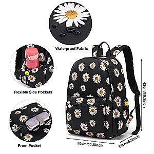 Yusudan Floral School Backpack for Girls Women, Flower Teens School Bags Bookbags Ladies Laptop Backpacks (Daisy Black)