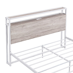 Bellemave Full Metal Bed Frame with Wooden Headboard and USB Ports Full Size Platform Bed 2-Tier Storage Headboard and Charging Station, Noise-Free, No Box Spring Needed, White