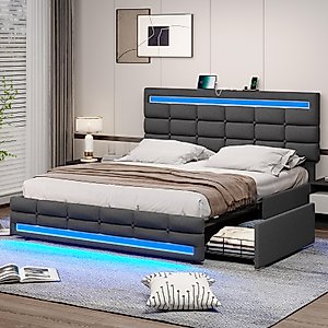 BTHFST Queen Bed Frame with LED Lights & 2 USB Charging Station,Queen Size Bed Frame with Adjustable Headboard,Bed Frame with Storage,No Box Spring Needed,Noise Free,Dark Grey