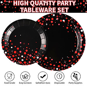 96Pcs Black and Red Party Supplies Red Dot on Black Party Plates and Napkins Disposable 350GSM Black and Red Birthday Tableware Set for Birthday Baby Shower Wedding Decorations, Serves 24