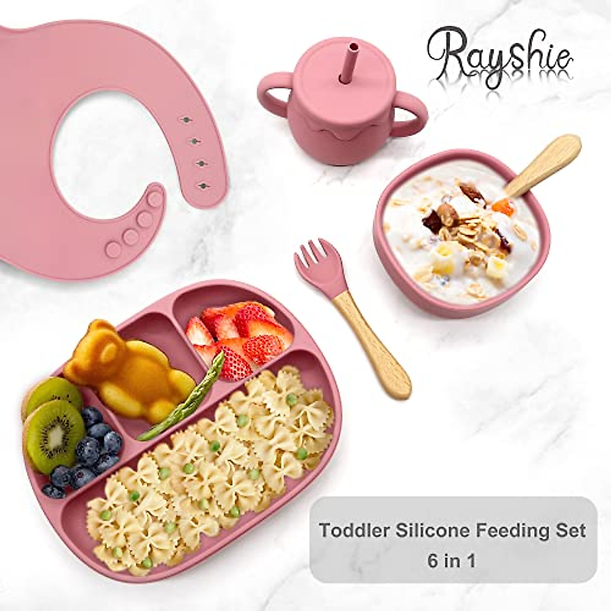 Rayshie Silicone Baby Feeding Supplies 6 in 1, Baby Dishes, Baby Plates for Babies, Baby Utensils 6-12 Months, Silicone Bibs for Babies, Straw Cup, Baby Led Weaning Supplies, BPA Free