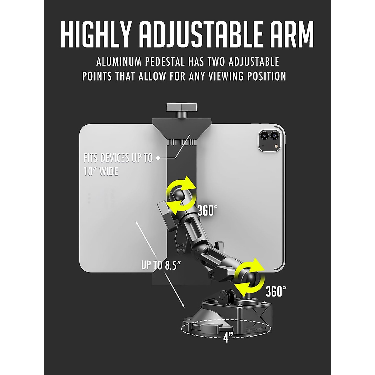 Bracketron HD Tablet Dock PRO Dash and Window Metal Clamp Mount, Universal Tablet Holder for Cars and Trucks, Compatible with Tablets Up to 10 Inches Wide