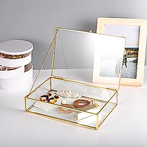 Feyarl Gold Clear Glass Jewelry Trinket Box Photo Cards Shadow Box Organizer Collection Display Case Decorative Keepsake Box with Lid for Home Deco
