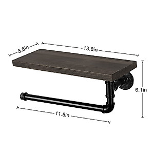 Industrial Wall Paper Towel Holder Wood & Pipe Floating Shelf Vintage Hand Roll Paper Towel Holders Stand Wall Mounted Toilet Paper Storage Rack for Bathroom, Kitchen, Washroom(Rustic Brown)