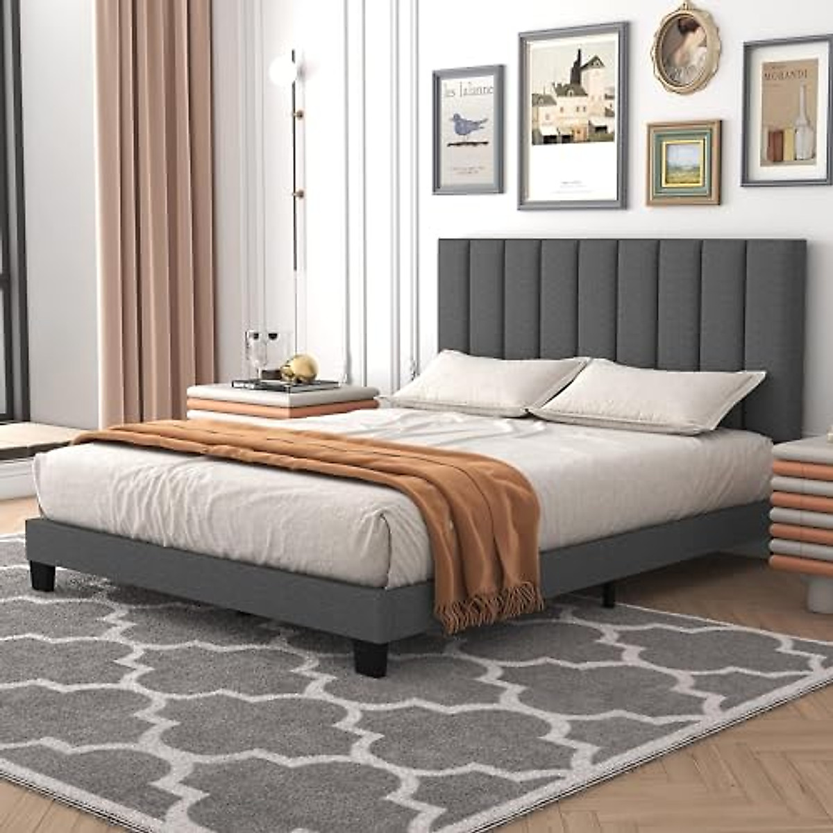 SWISH WEAVERS Queen Bed Frame Upholstered Platform with Adjustable Height Headboard, No Box Spring Needed, Non-Slip and Noise-Free, Easy Assembly Solid Wooden Slats (Light Grey)