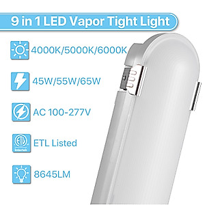 HYPERLITE 65W 4FT LED Vapor Light, 45W/55W/65W Vapor Proof Tight Light Fixture, 8645lm 4000K/5000K/6000K Selectable, AC100-277V Waterproof LED Outdoor Shop Light for Car Wash,Garage,Warehouse,ETL