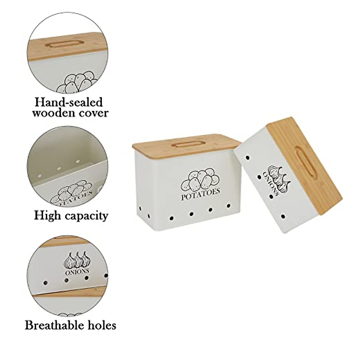 Xbopetda Potato Onion Storage Box, Food Container Sets, Storage Canisters for Vegeatables, Set of 2 Jars Pots Containers, Potato & Onion Bin with Aerating Tin Storage Holes & Bamboo Lid-White