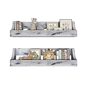 JOLLYMER Wood Kids Floating Shelves, Rustic Nursery Shelves, Wall Mount Kids Bookshelf Set of 2, White