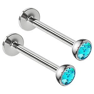 Evonix 2pc 16g 12mm Crystal Labret Stud Lip Ring Snake Bite Conch Forward Helix Monroe Tragus Dahlia Marilyn 1/2 - Aquamarine