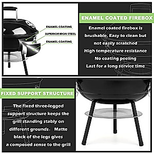 Joyfair Charcoal Grill with 2 Grilling Racks, 14in Small Portable BBQ Grill with Lid for Outdoor Camping/Patio/Backyard Barbecue/Tabletop Cooking, Enamel Coated & Dual Vent System, Black