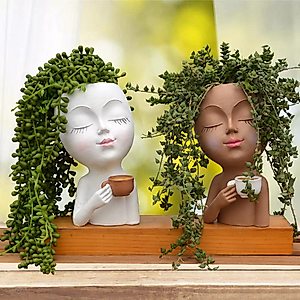 Face Vase Head Planter, Face Planter, Small Plant Pots Outdoor Planters for Indoor Plants, Succulent Flower Pots Plant Pot with Drainage, Gifts for Women Mom Sister, White Vases Coffee Table Decor