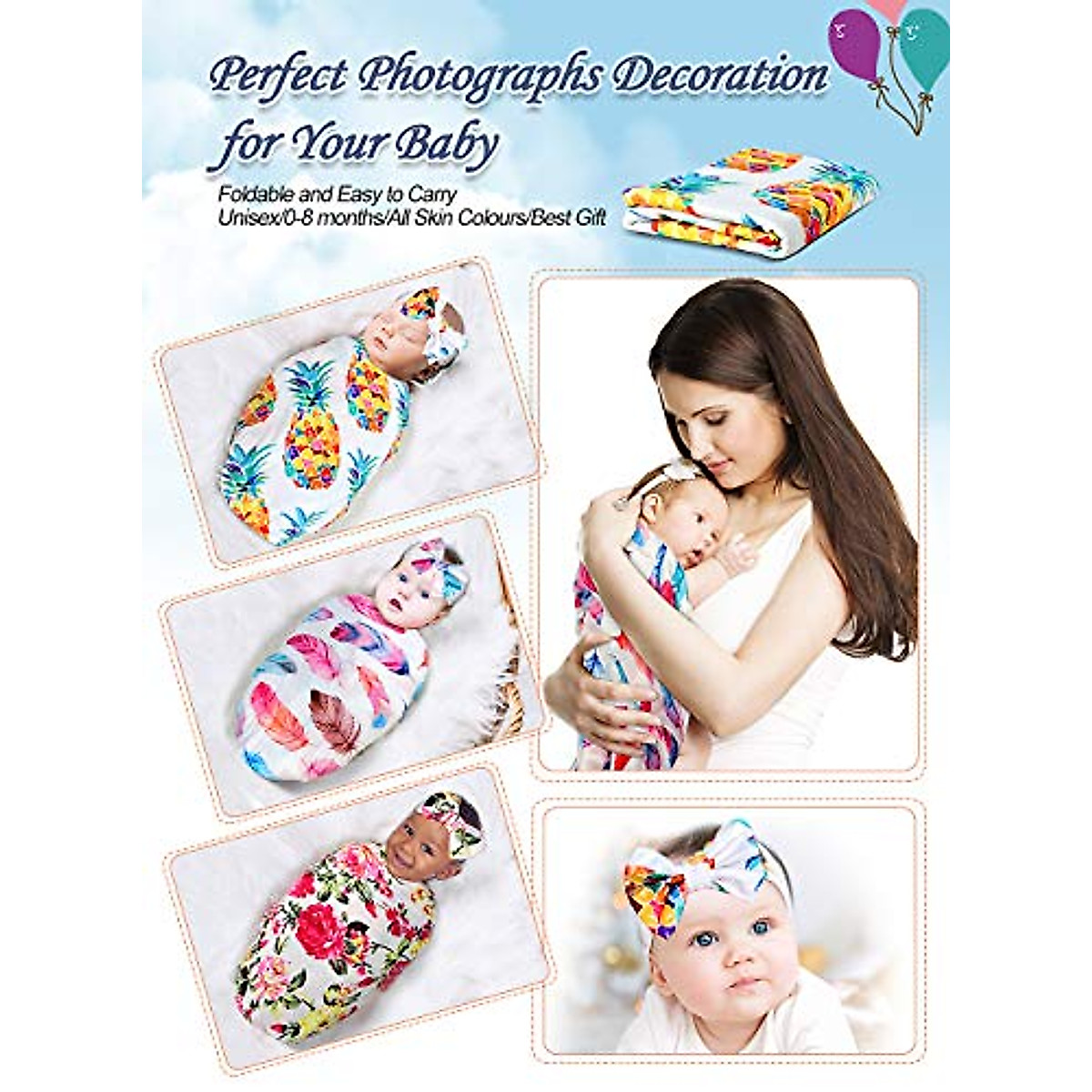 Newborn Receiving Blanket Headband Set - Unisex Soft Baby Swaddle Girl Boy Gifts