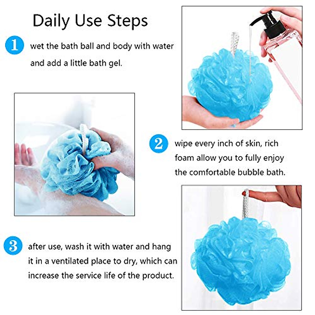 Cosywell Bath Sponges Bath Loofahs Mesh Pouf Shower Wash Ball Large 5 Packs 60g Each Soft Eco-Friendly for Men& Women Cleanse, Smooths Skin, Exfoliating