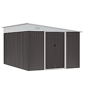 Outsunny 11' x 9' Steel Garden Storage Shed Outdoor Metal Lean to Tool House with Double Sliding Lockable Doors & 2 Air Vents, Grey