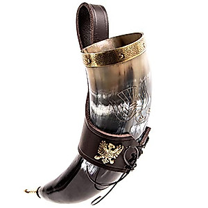 Mythrojan THE BIRD OF PREY Viking Drinking Horn with Brown Leather holder Authentic Medieval Inspired Viking Wine/Mead Mug – Polished Finish
