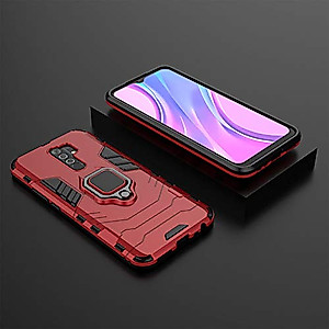Ytaland for Xiaomi Redmi 9 Case,with 2 x Tempered Glass Screen Protector. (3 in 1) Shockproof Bumper Defender Protective Phone Cover with Ring Kickstand (Wine Red)