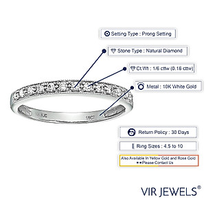 Vir Jewels 1/6 carat (ctw) Diamond Wedding Anniversary Band for Women, Half Eternity Petite Round Diamond Engagement Ring 10K White Gold Prong Set with Milgrain 0.16 cttw, Size 7
