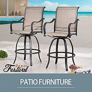 Sports Festival 2Pcs Patio Bar Stools with Armrest High Swivel Chairs with Textilene Fabric Metal Outdoor Furniture for Bistro Deck Lawn