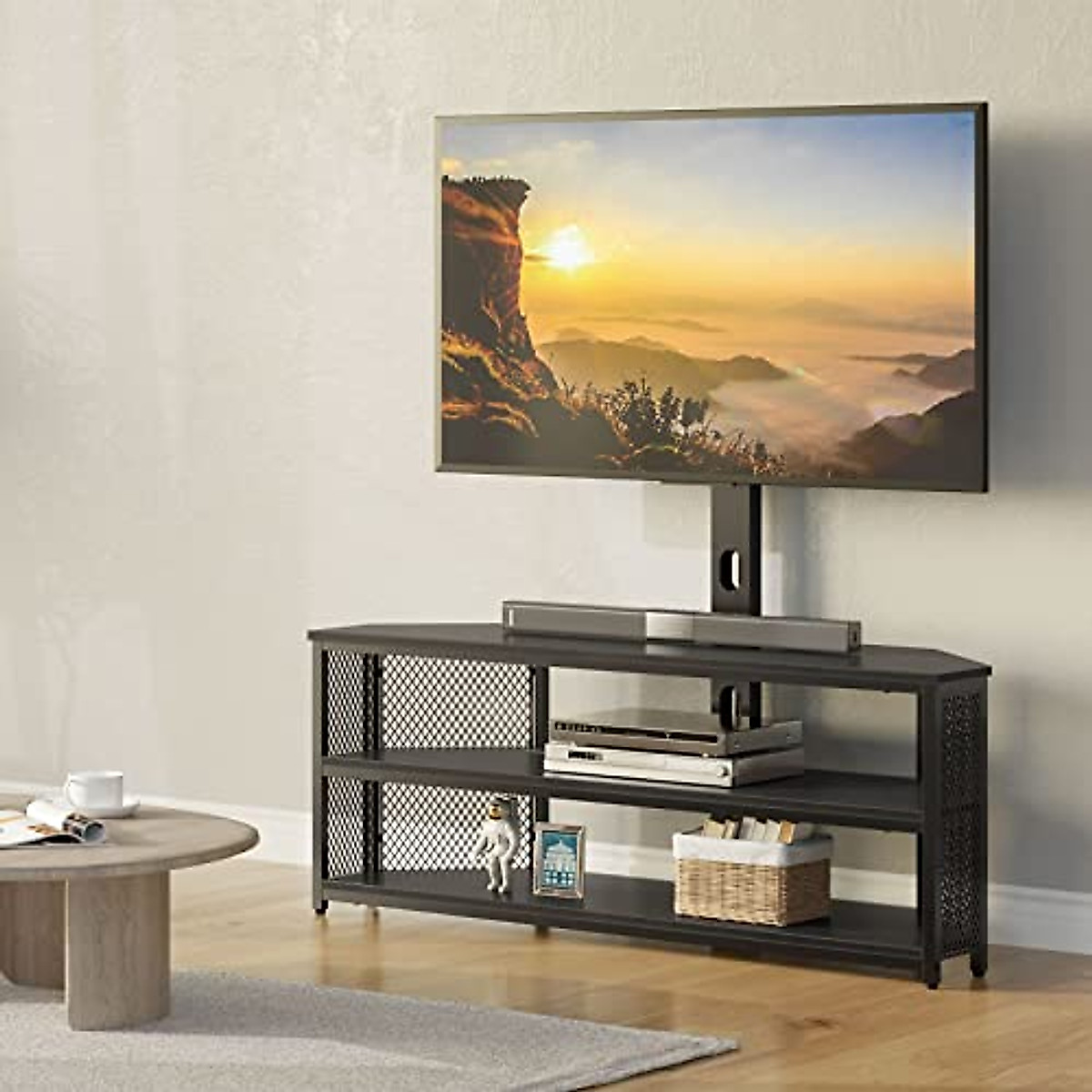Rolanstar TV Stand with Mount and Power Outlet, Swivel TV Stand Mount with LED Lights for 32/45/55/60/65/70 inch TVs,Black Entertainment Center Media Console with Height Adjustable Mount