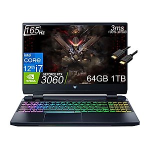 Acer Predator Helios 300 Gaming Laptop (15.6" 165Hz FHD IPS, Intel 12th Gen i7-12700H, 64GB DDR5 RAM, 1TB PCIe SSD, GeForce RTX 3060 6GB 140W), RGB Backlit, FHD Webcam, WiFi 6E, Win 11 Home, Black