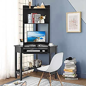 COSTWAY Corner Desk with Hutch, Compact Corner Computer Desk, Study and Writing Table with Keyboard Tray & Bottom Shelves, Space-saving Laptop PC Desk for Small Space, Home, Bedroom, Apartment (Black)