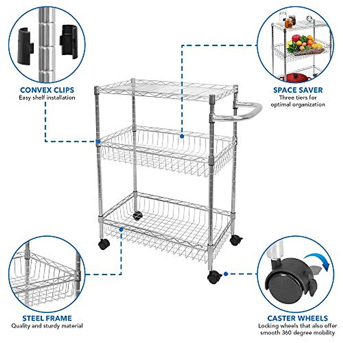 Mount-It! Mesh Wire Rolling Cart | 3-Tier Multi-Function Metal Trolley for Kitchen Storage and Organization | Heavy-Duty Storage Cart with Wheels and Handle | Silver