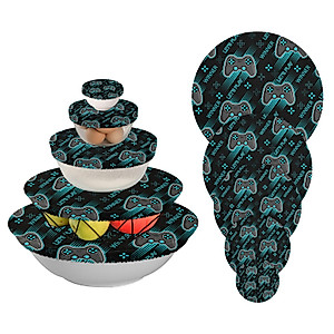 Bowl Cover Reusable Blue Joystick Video Game Black Elastic Fabric Food Storage Cover Stretch Lids 5 Pieces for Kitchen Food Bread Abstract Bowl Containers Dish Covers for Fruits,Leftover